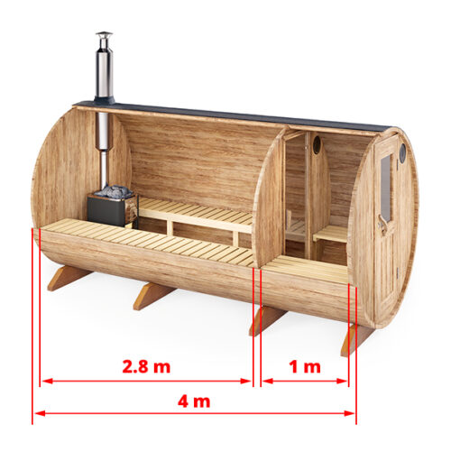 Sauna tonneau I 4m I Pour 8 personnes I Avec vestiaire