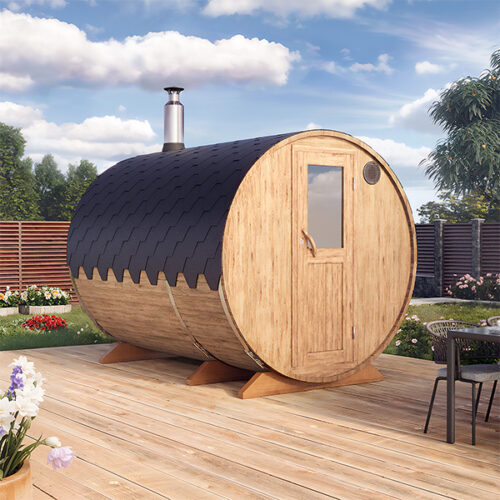 Sauna tonneau I 3 m I Pour 4 pers. I Avec vestiaire